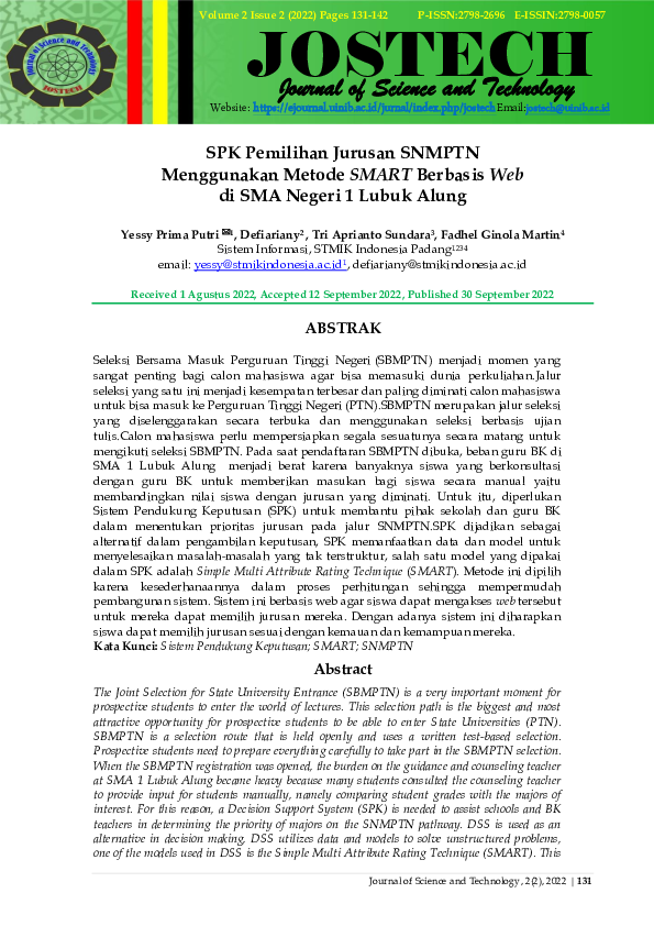 (PDF) SPK Pemilihan Jurusan SNMPTN Menggunakan Metode SMART Berbasis ...