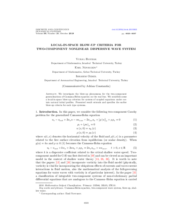 Pdf Local In Space Blow Up Criteria For Two Component Nonlinear Dispersive Wave System