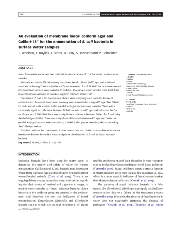 (PDF) An evaluation of membrane faecal coliform agar and Colilert-18 ...