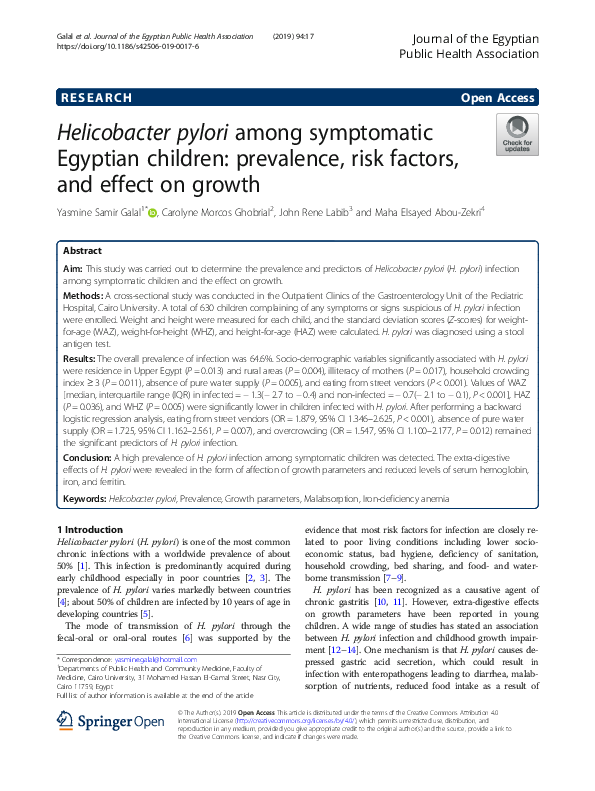 (PDF) Helicobacter pylori among symptomatic Egyptian children: prevalence, risk factors, and ...