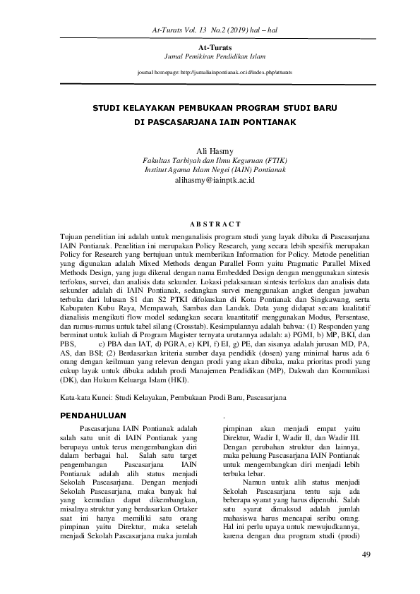 (PDF) Studi Kelayakan Pembukaan Program Studi Baru di Pascasarjana IAIN Pontianak