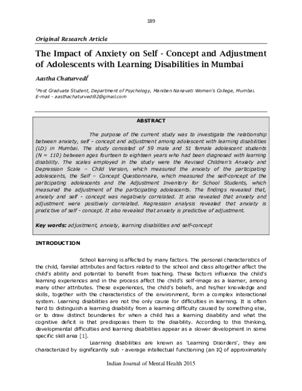 (PDF) The Impact of Anxiety on Self - Concept and Adjustment of Adolescents with Learning ...