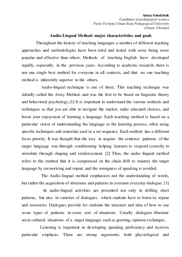 (PDF) Audio-Lingual Method: major characteristics and goals Throughout ...