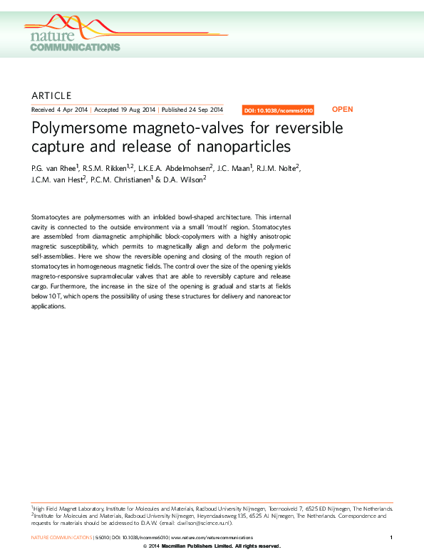 (PDF) Polymersome magneto-valves for reversible capture and release of ...