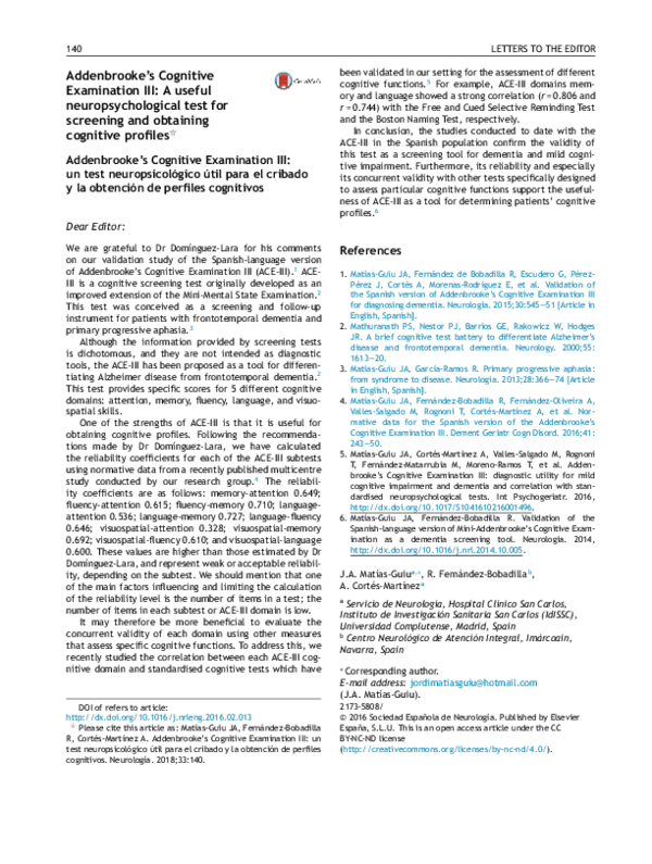 (PDF) Addenbrooke's Cognitive Examination III: A useful ...