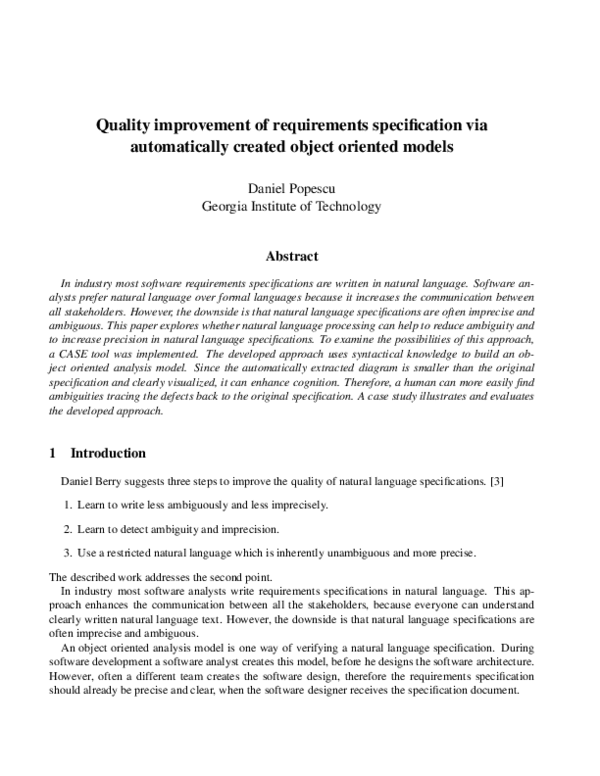 (PDF) Quality Improvement of Requirements Specification via Automatically Created Object ...