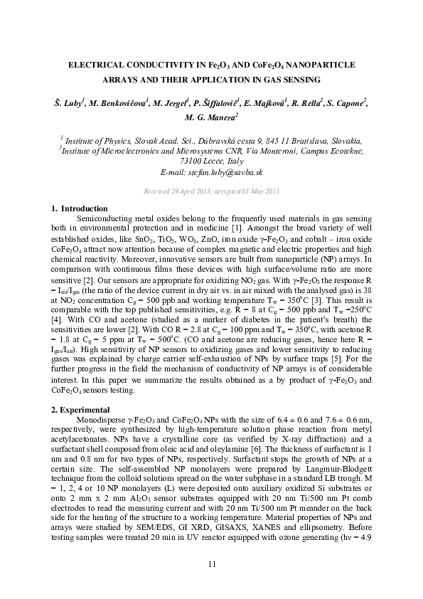 (PDF) ELECTRICAL CONDUCTIVITY IN Fe2O3 AND CoFe2O4 NANOPARTICLE ARRAYS AND THEIR APPLICATION IN ...