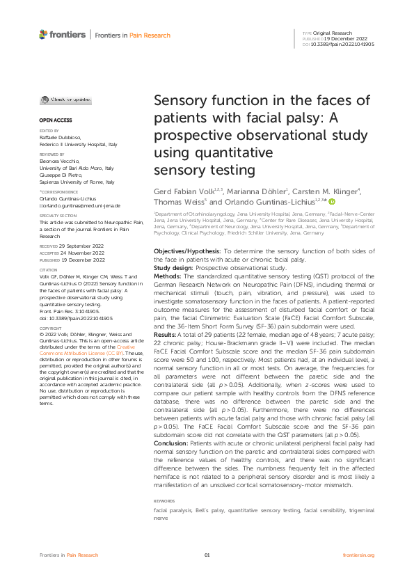(PDF) Sensory function in the faces of patients with facial palsy: A ...