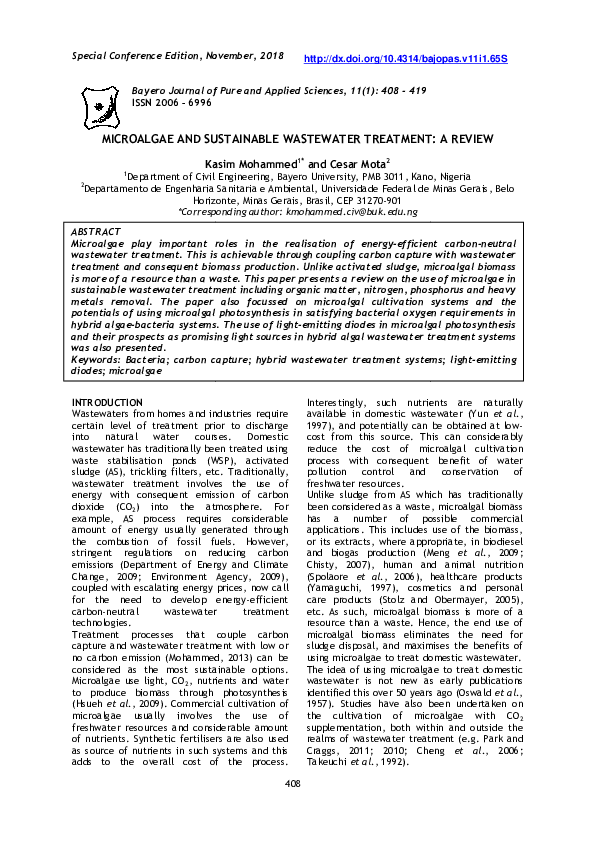 (PDF) Microalgae and sustainable wastewater treatment: a Review
