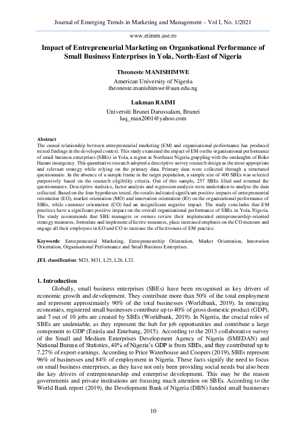 (PDF) Impact of Entrepreneurial Marketing on Organisational Performance of Small Business ...