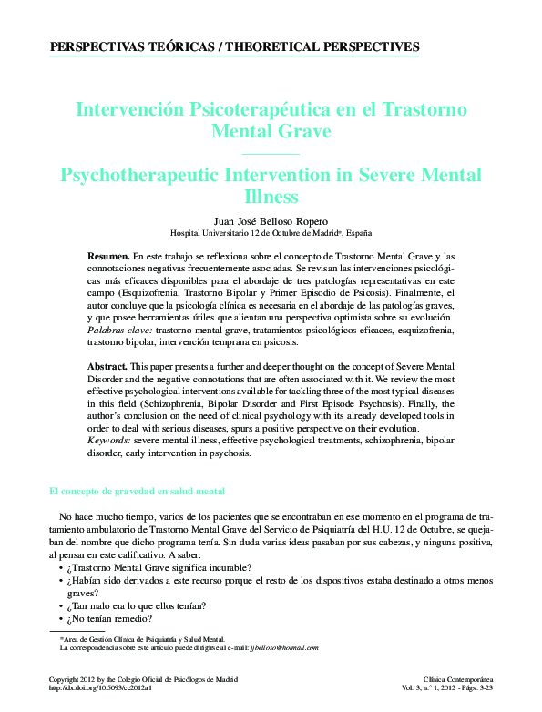 (PDF) Intervención Psicoterapéutica en el Trastorno Mental Grave