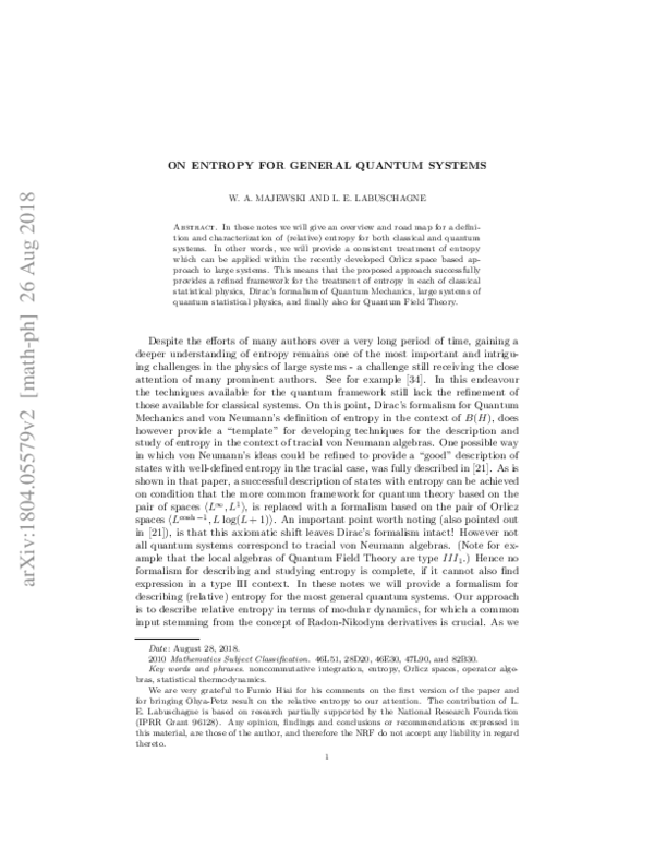 (PDF) On entropy for general quantum systems