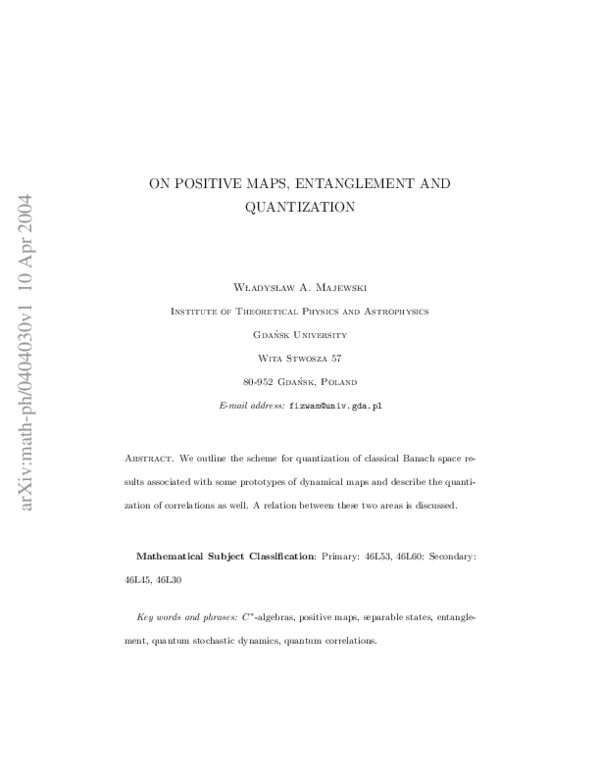 (PDF) On Positive Maps, Entanglement and Quantization