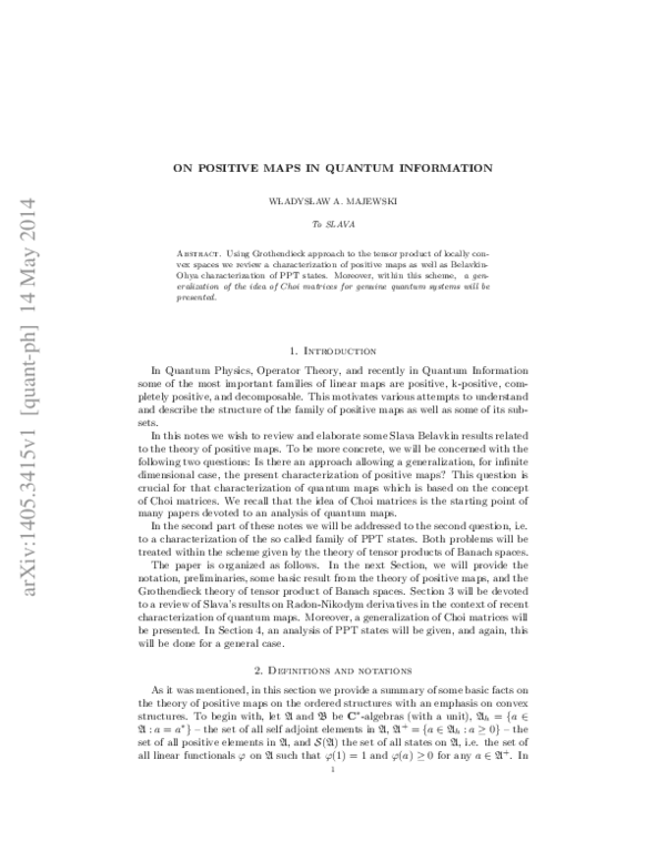 (PDF) On positive maps in quantum information