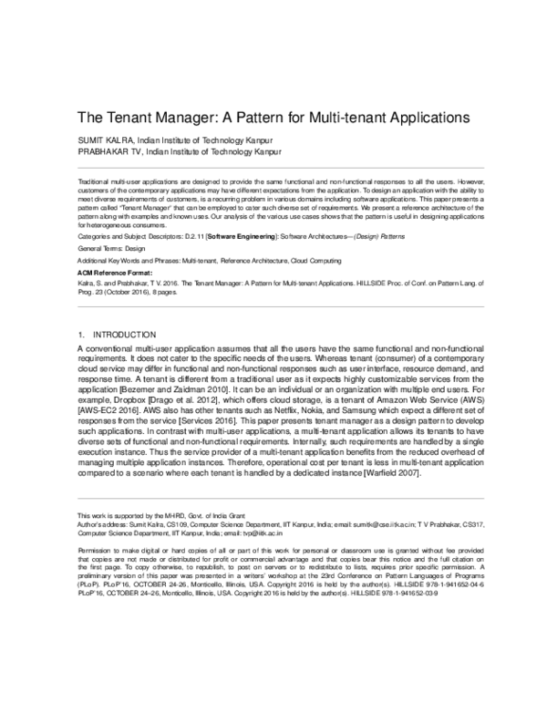 (PDF) The Tenant Manager : A Pattern for Multi-tenant Applications