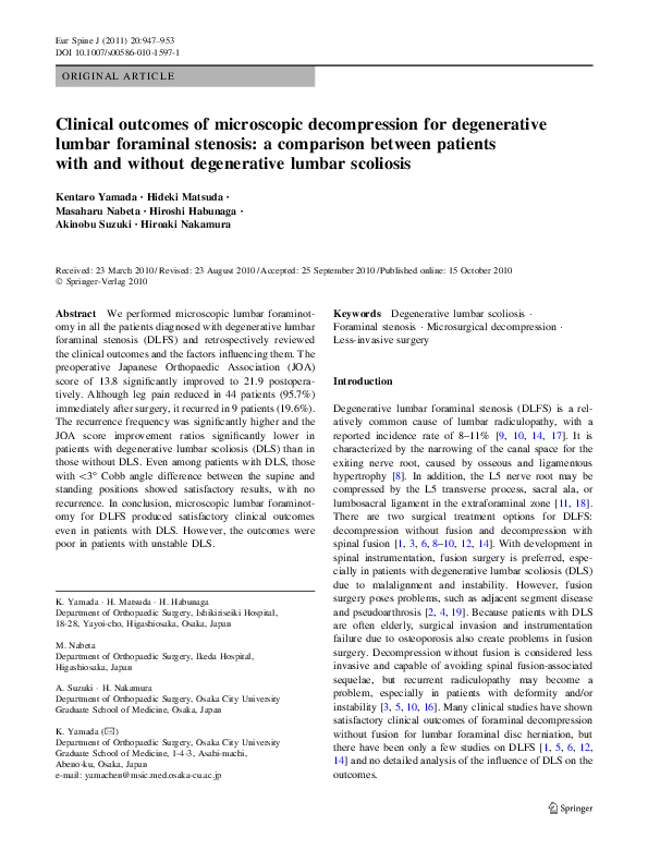 (PDF) Clinical outcomes of microscopic decompression for degenerative ...