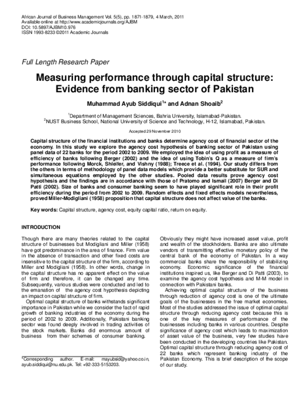 (PDF) Measuring Performance Through Capital Structure: Evidence from Banking Sector of Pakistan