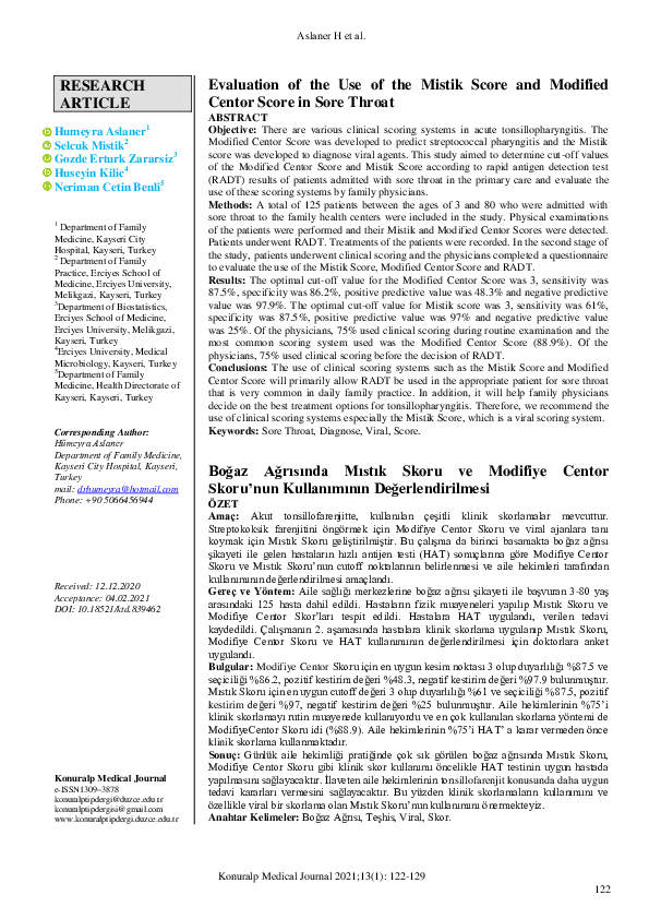 (PDF) Evaluation of the Use of the Mistik Score and Modified Centor ...