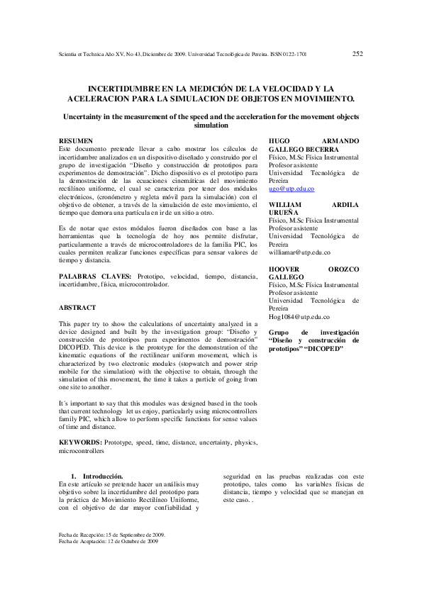(PDF) INCERTIDUMBRE EN LA MEDICIÓN DE LA VELOCIDAD Y LA ACELERACION PARA LA SIMULACION DE ...