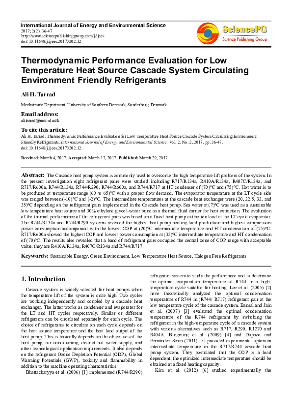 (PDF) Thermodynamic Performance Evaluation for Low Temperature Heat Source Cascade System ...