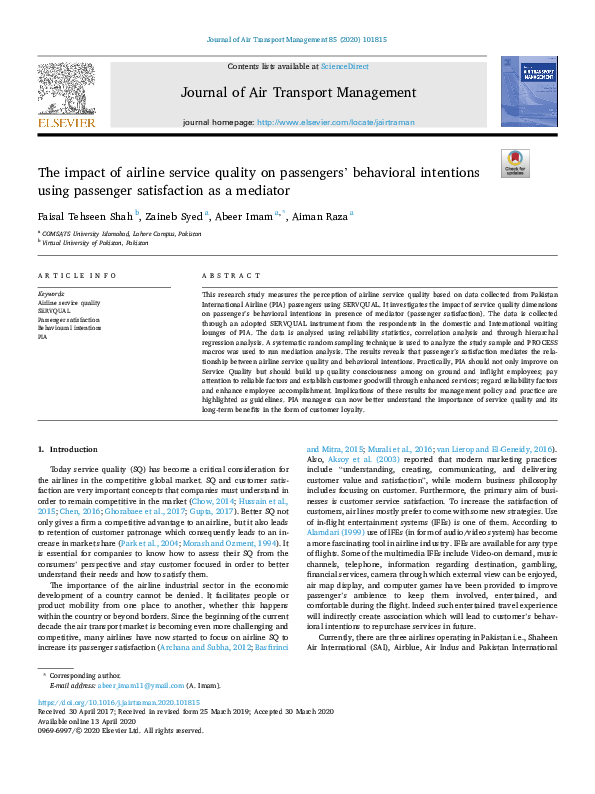 (PDF) The impact of airline service quality on passengers’ behavioral ...