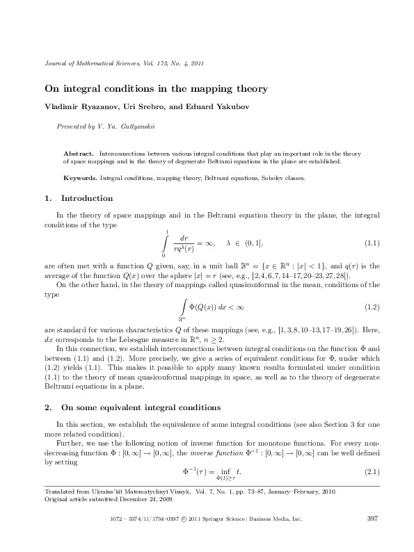 (PDF) On integral conditions in the mapping theory