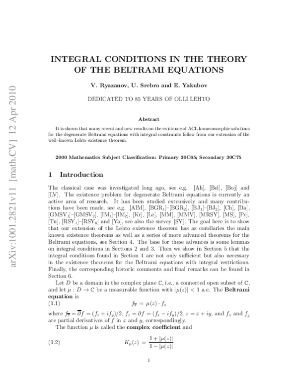 (PDF) Integral conditions in the theory of the Beltrami equations