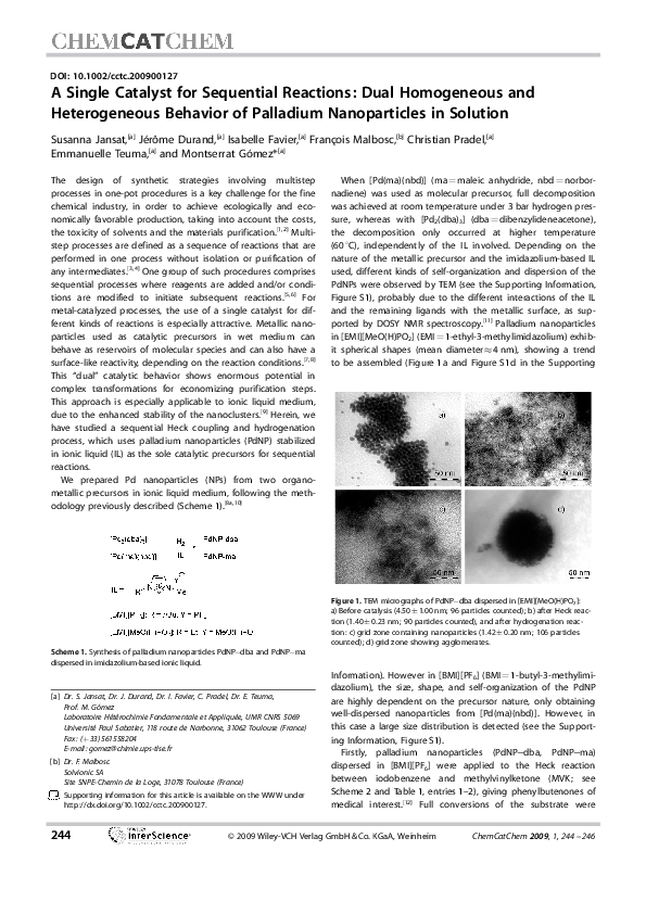 (PDF) A Single Catalyst for Sequential Reactions: Dual Homogeneous and ...