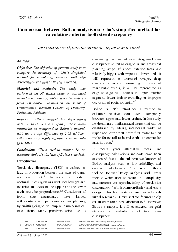 (PDF) Comparison between Bolton analysis and Chu’s simplified method ...