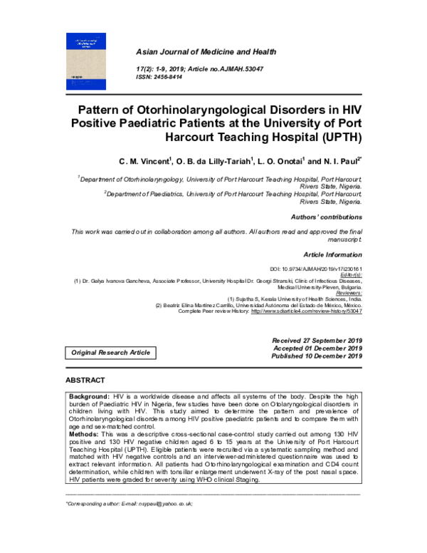 (PDF) Pattern of Otorhinolaryngological Disorders in HIV Positive ...