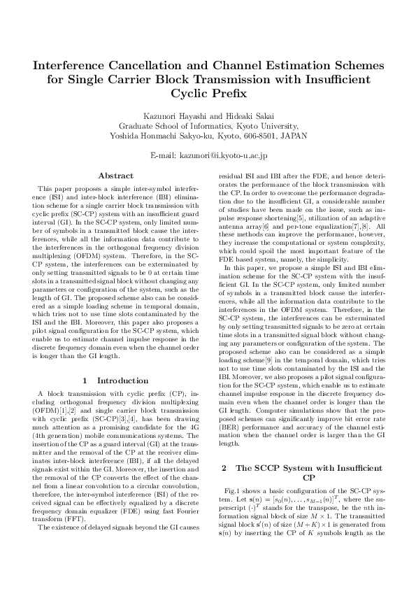 (PDF) Interference Cancellation and Channel Estimation Schemes for Single Carrier Block ...