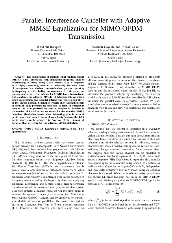 Pdf Parallel Interference Canceller With Adaptive Mmse Equalization