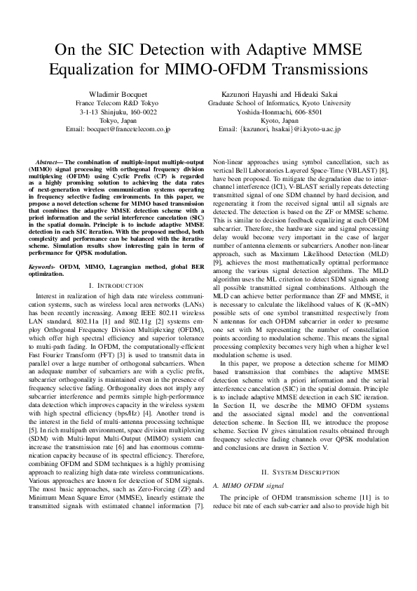 Pdf On The Sic Detection With Adaptive Mmse Equalization For Mimo