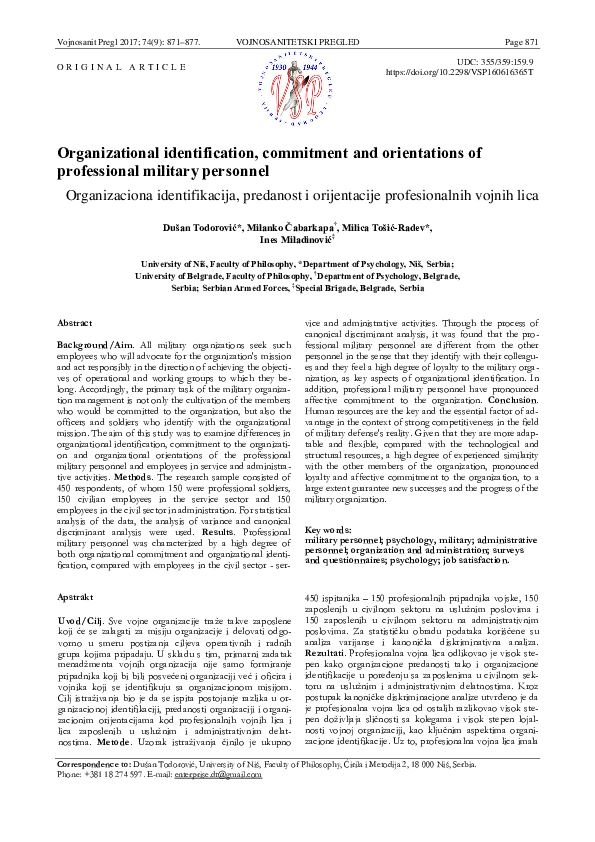 (PDF) Organizational identification, commitment and orientations of professional military personnell