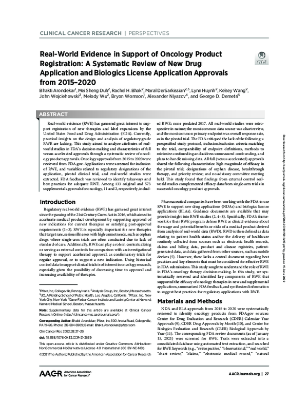(PDF) Real-World Evidence in Support of Oncology Product Registration ...