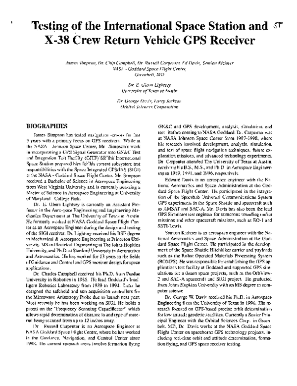 Pdf Testing Of The International Space Station And X 38 Crew Return Vehicle Gps Receiver