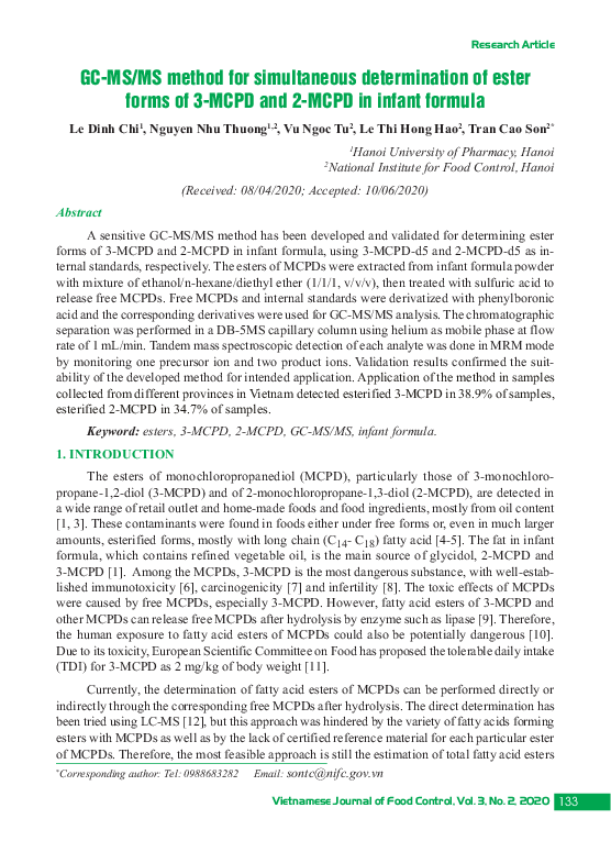 (PDF) Xác định đồng thời các dạng ester của 3-MCPD và 2-MCPD trong sữa ...