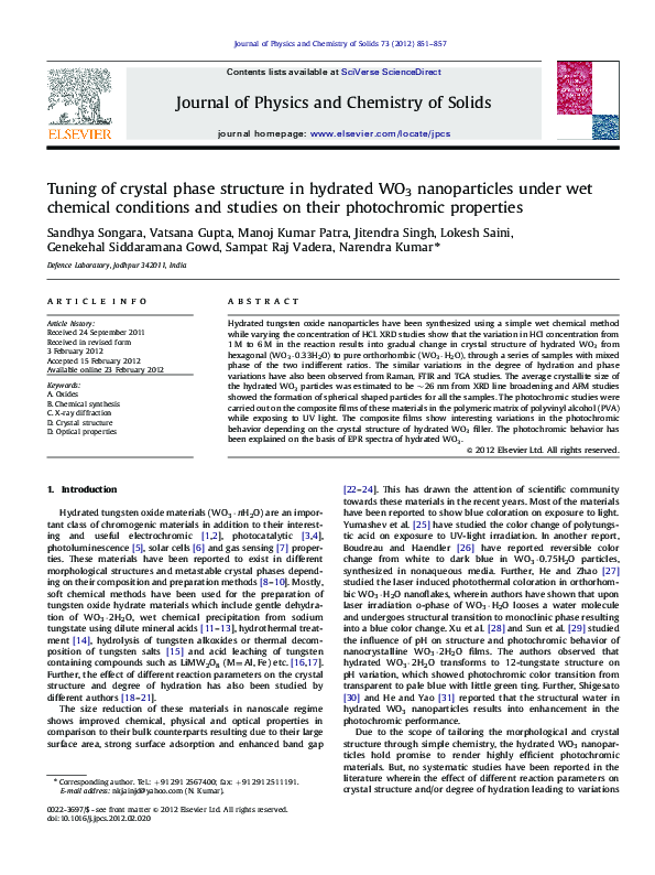 (PDF) Tuning of crystal phase structure in hydrated WO3 nanoparticles under wet chemical ...