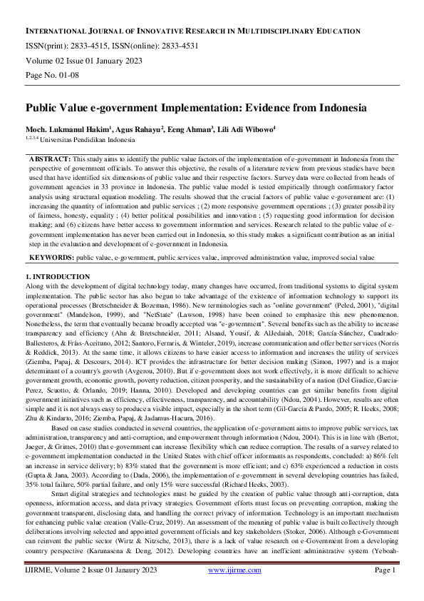 (PDF) Public Value e-government Implementation: Evidence from Indonesia