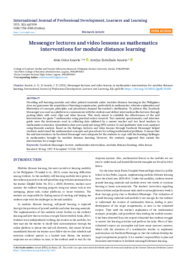 (PDF) Messenger lectures and video lessons as mathematics interventions for modular distance ...