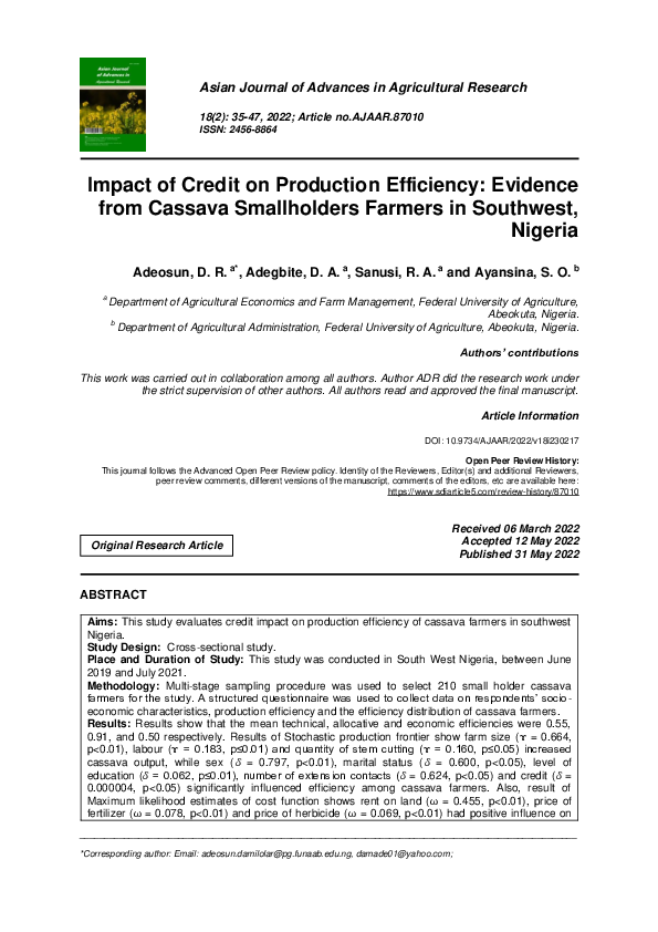 (PDF) Impact of Credit on Production Efficiency: Evidence from Cassava ...