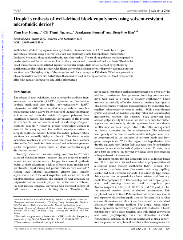 (PDF) Droplet synthesis of well-defined block copolymers using solvent-resistant microfluidic device