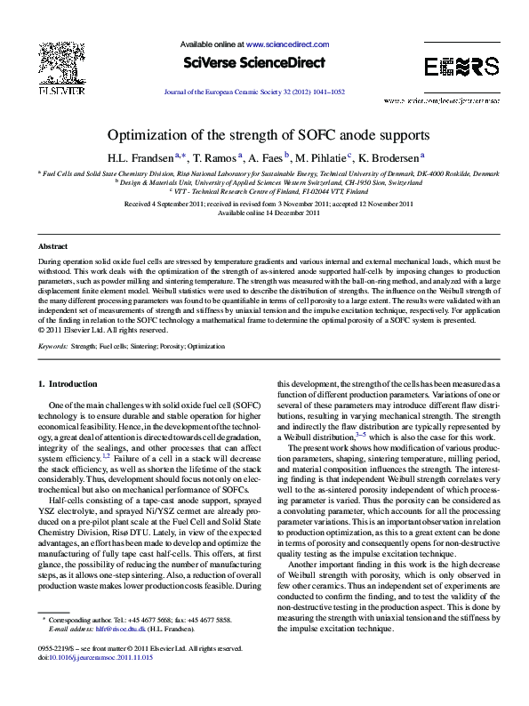 (PDF) Optimization of the strength of SOFC anode supports