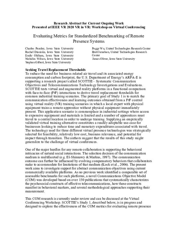 (PDF) Evaluating Metrics for Standardized Benchmarking of Remote Presence Systems