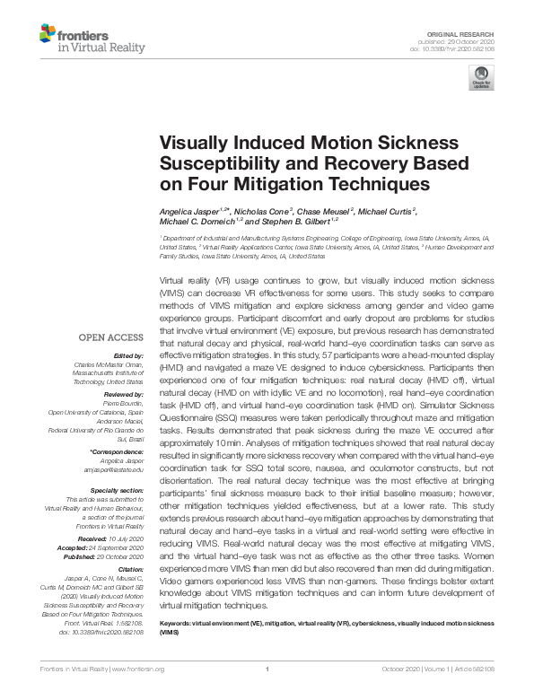 (PDF) Visually Induced Motion Sickness Susceptibility and Recovery Based on Four Mitigation ...