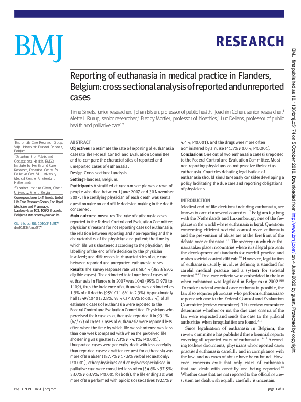 (PDF) Reporting of euthanasia in medical practice in Flanders, Belgium ...