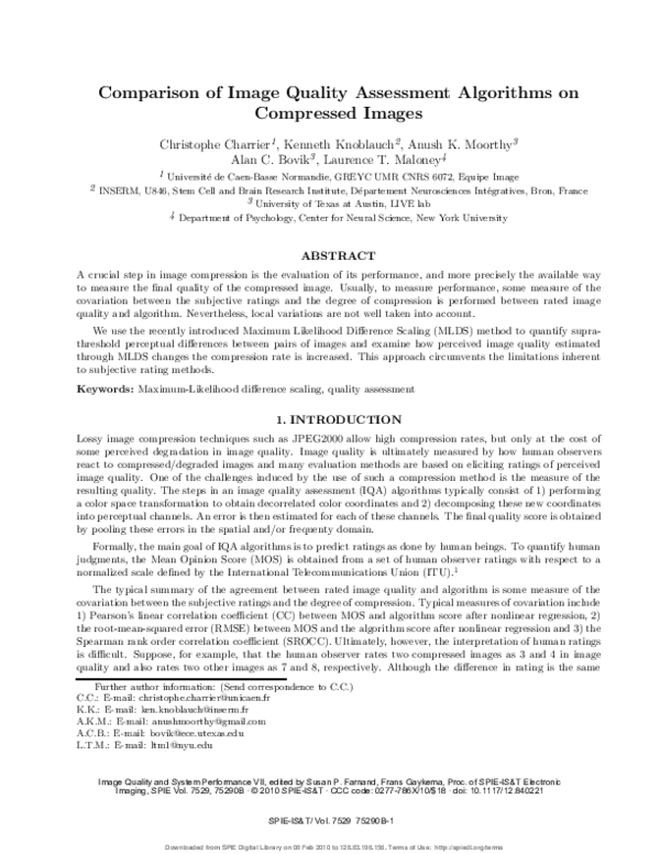 (PDF) Comparison of image quality assessment algorithms on compressed images
