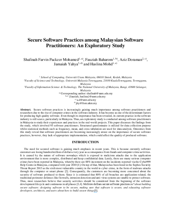 (PDF) Secure software practices among Malaysian software practitioners: An exploratory study