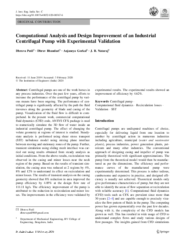 (PDF) Computational Analysis and Design Improvement of an Industrial Centrifugal Pump with ...