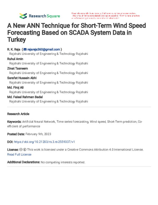 Pdf A New Ann Technique For Short Term Wind Speed Forecasting Based On Scada System Data In